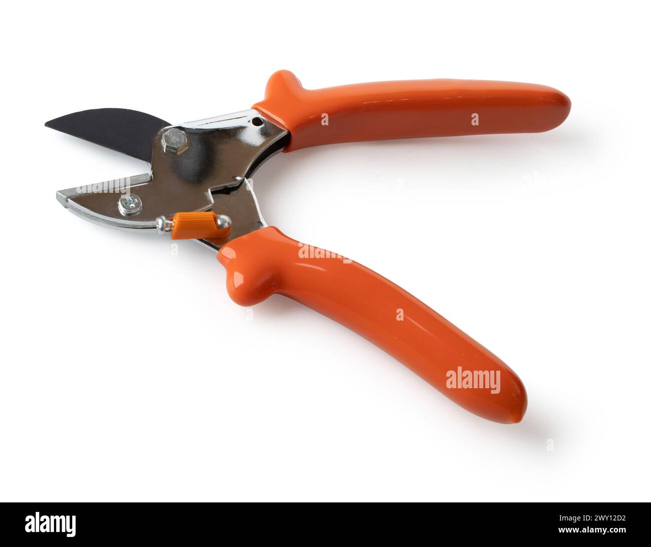 Secateurs with orange handles isolated on white, top view. Gardening tool. clipping path Stock ...