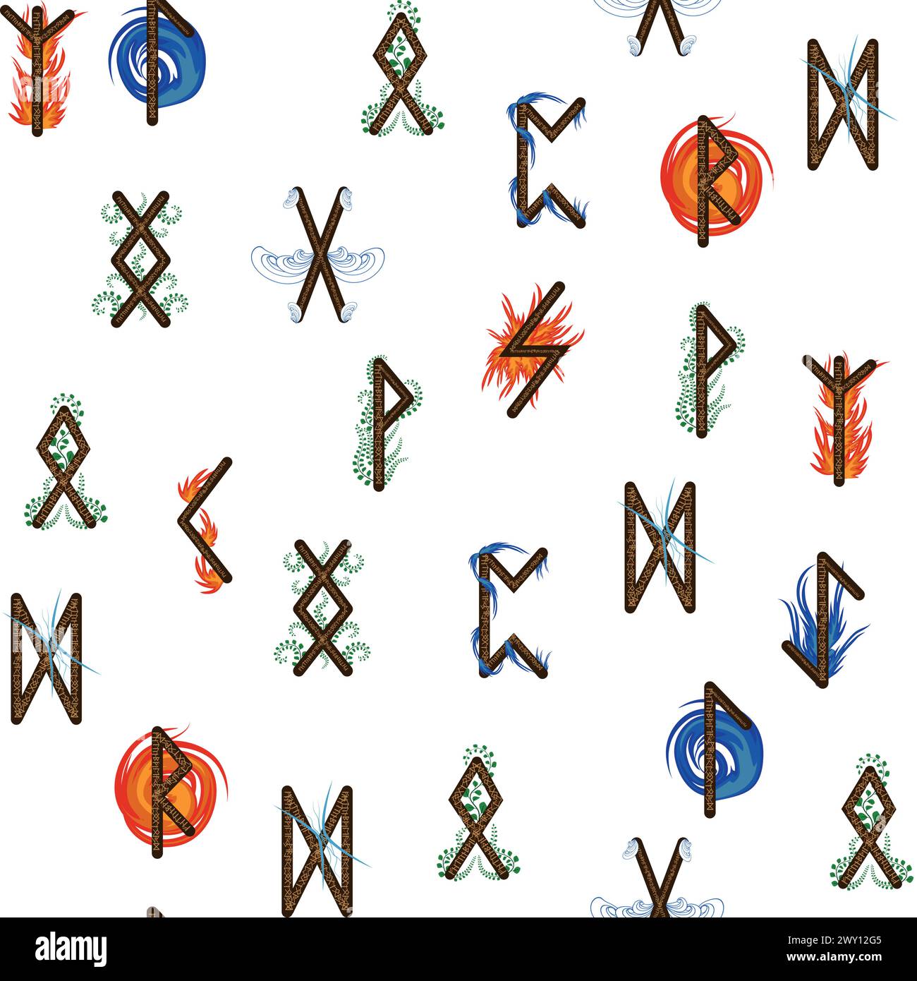 Hand drawn runic letters seamless pattern with elemental symbols. Magic ...