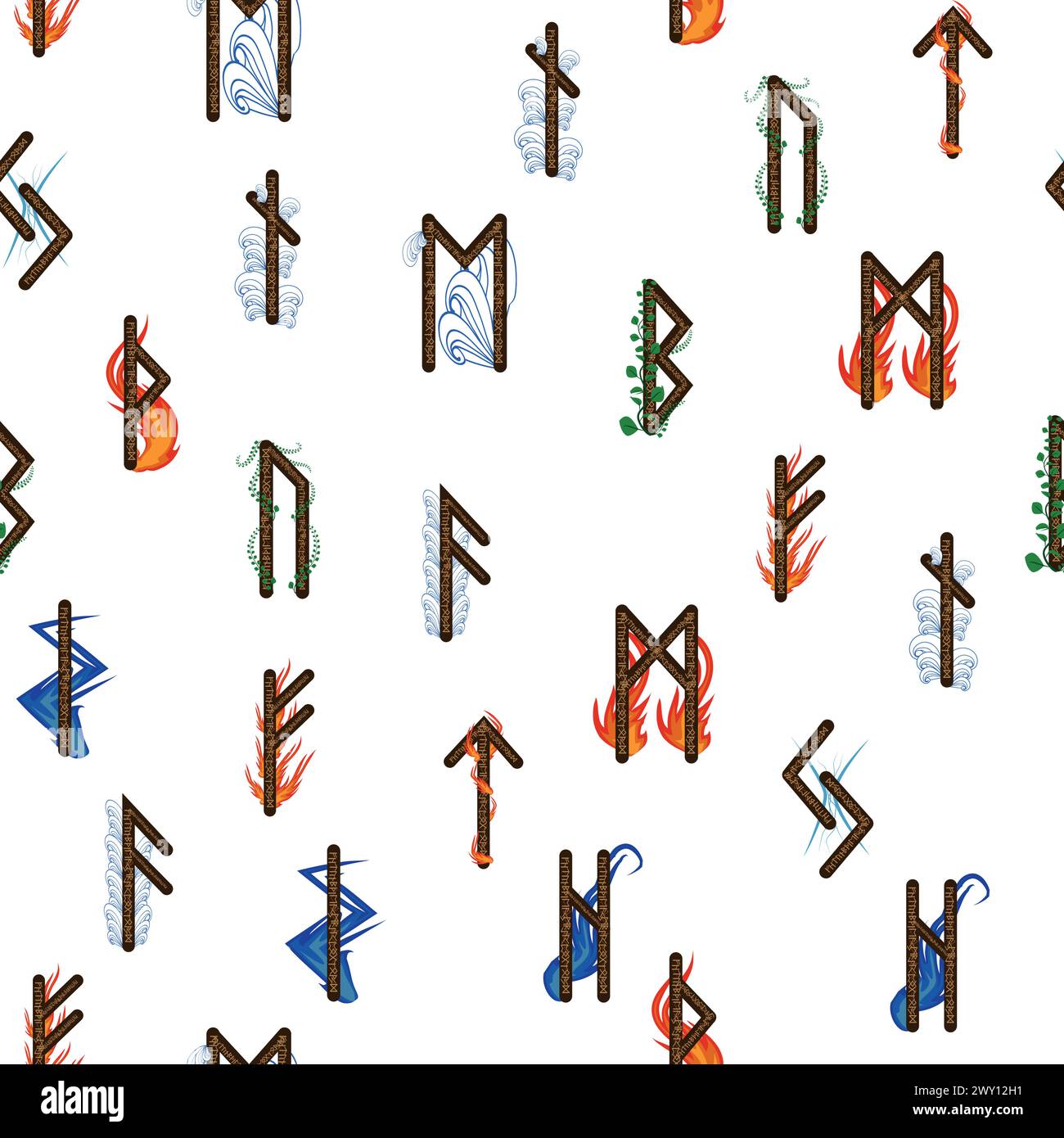 Hand drawn runic letters seamless pattern with elemental symbols. Magic ...