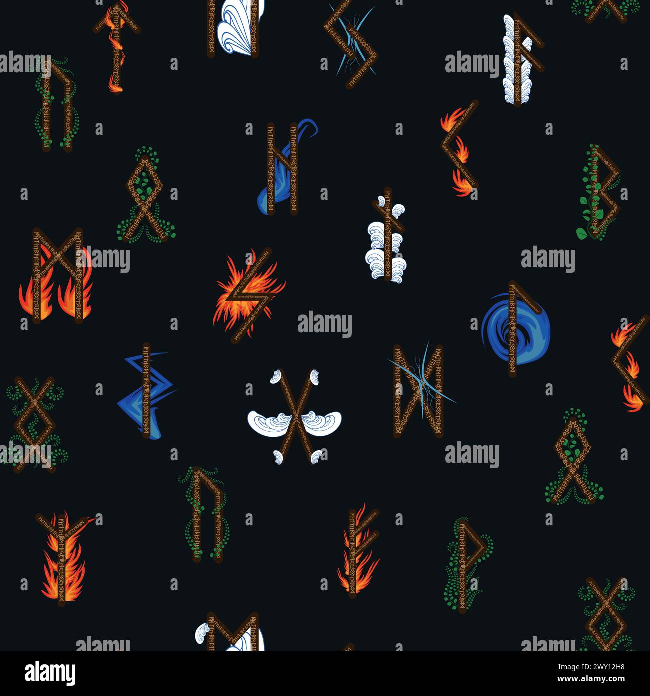 Hand drawn runic letters seamless pattern with elemental symbols. Magic ...