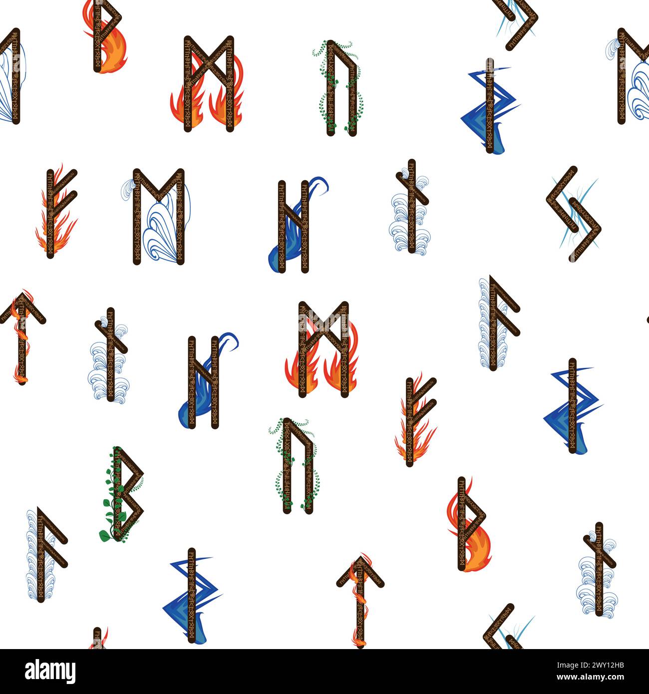 Hand drawn runic letters seamless pattern with elemental symbols. Magic ...