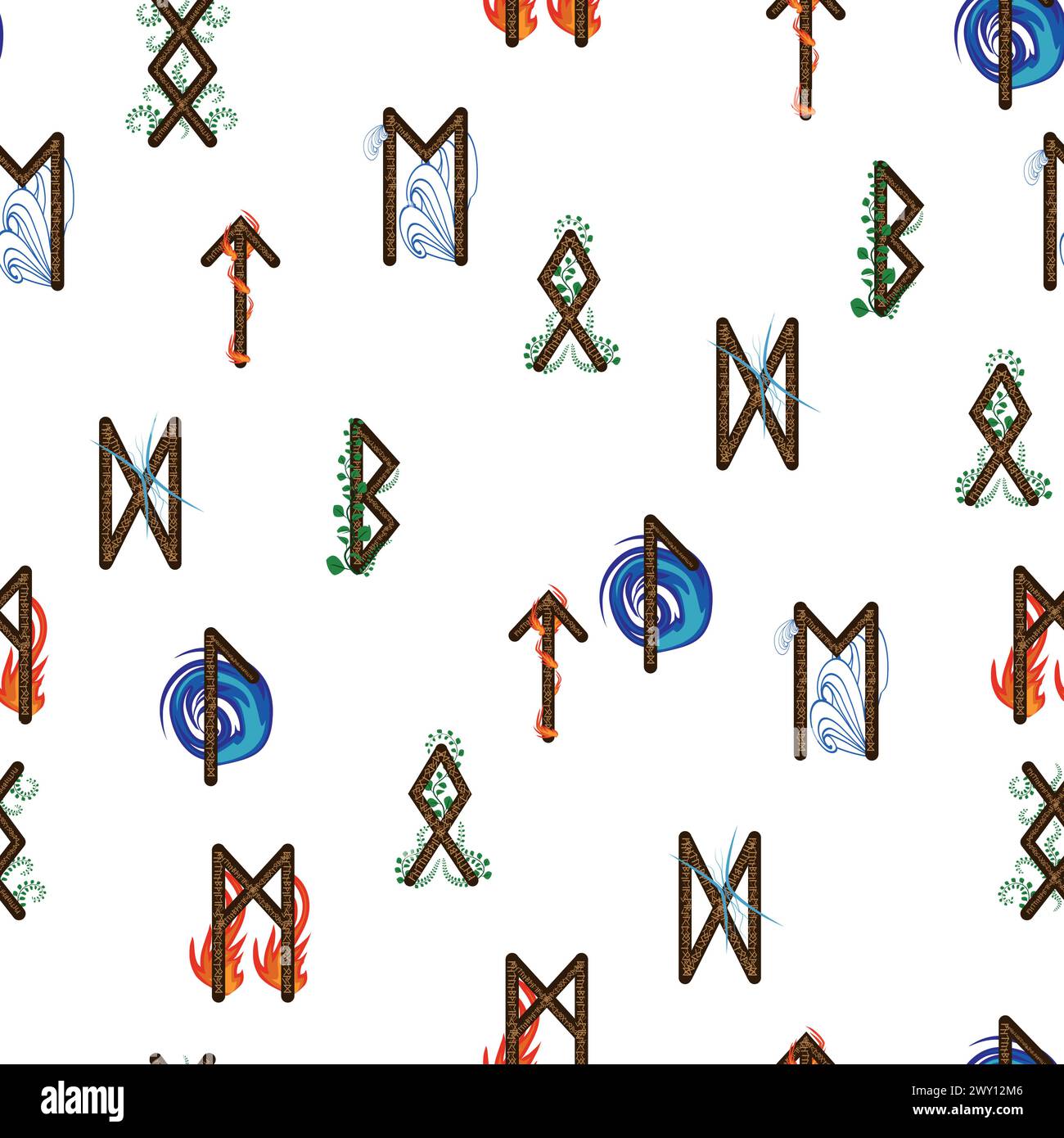 Hand drawn runic letters seamless pattern with elemental symbols. Magic ...