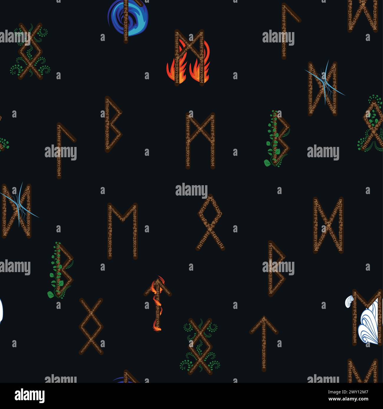 Hand drawn runic letters seamless pattern with elemental symbols. Magic ...
