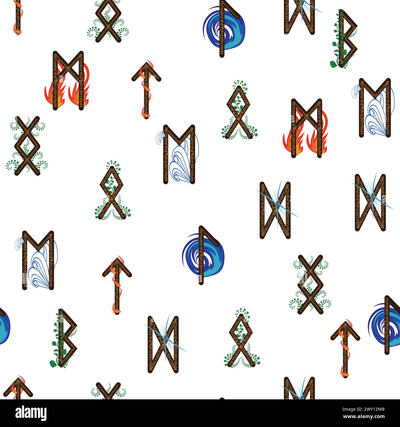 Hand drawn runic letters seamless pattern with elemental symbols. Magic ...