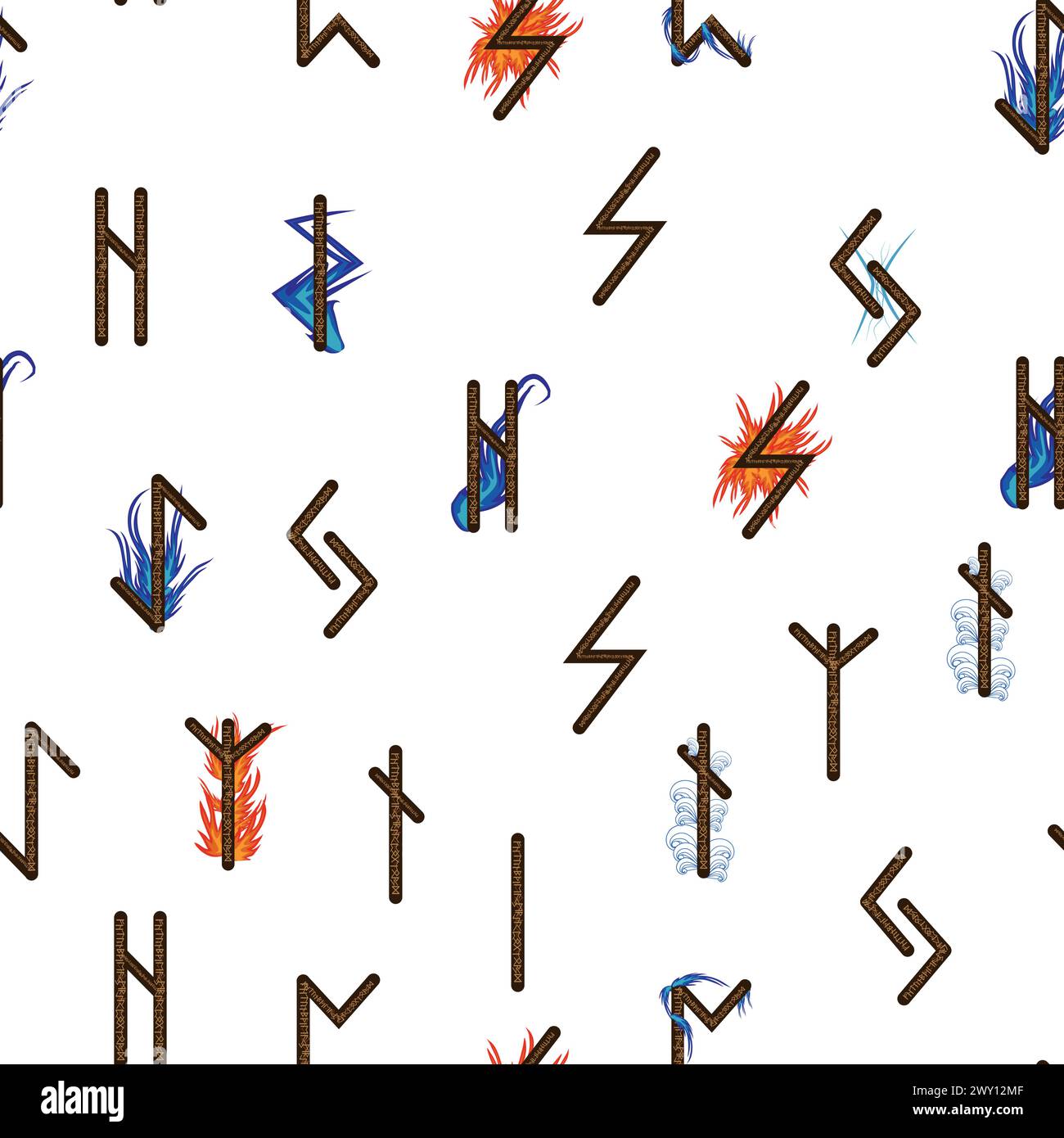 Hand drawn runic letters seamless pattern with elemental symbols. Magic ...