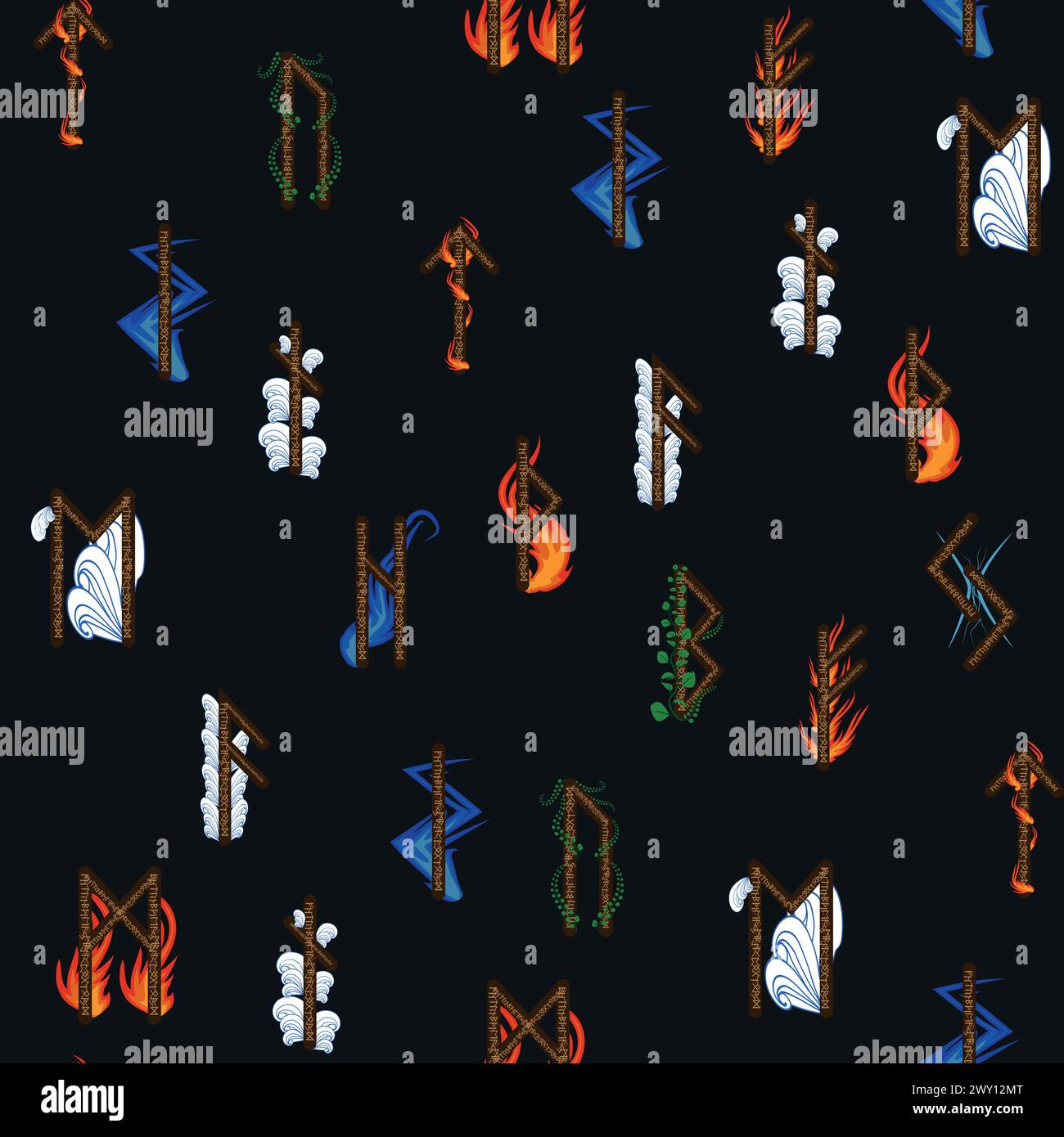 Hand drawn runic letters seamless pattern with elemental symbols. Magic ...