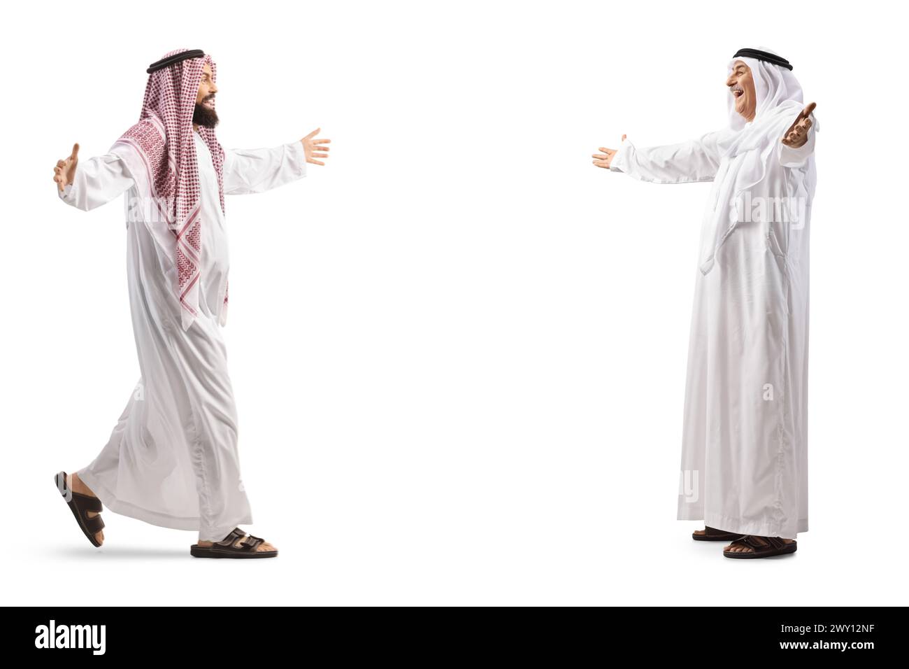 Full length profile shot of two muslim men meeting each other isolated ...