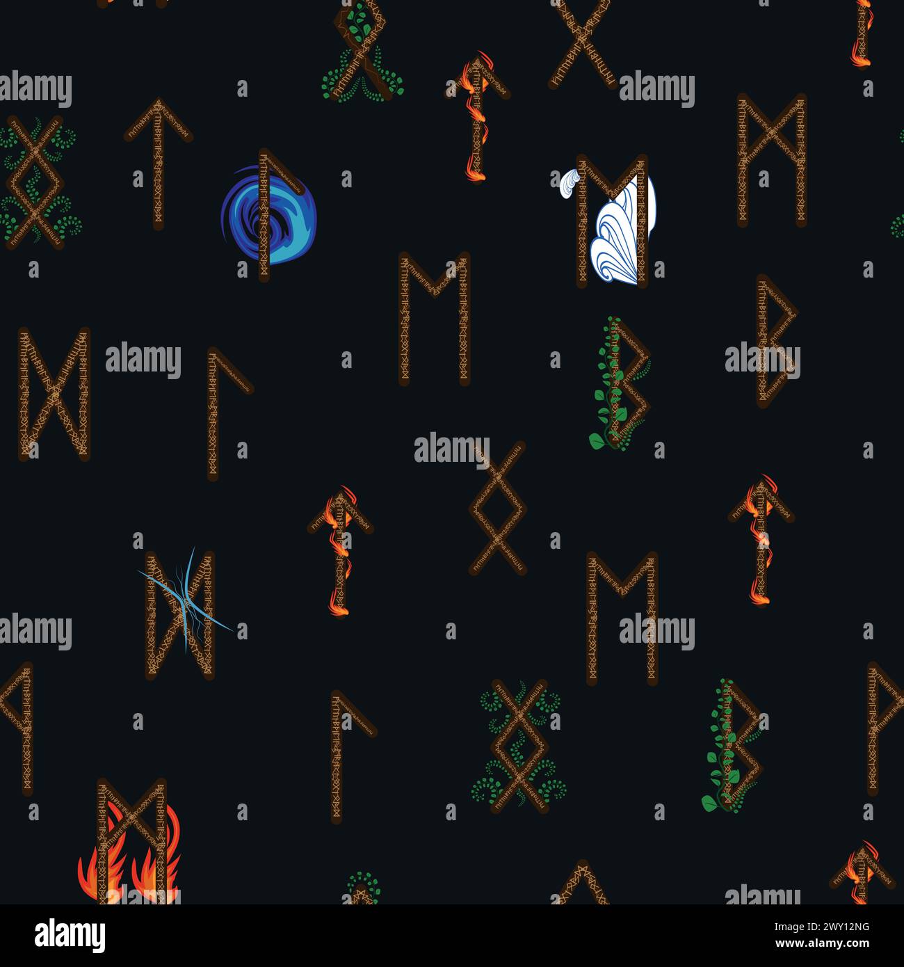 Hand drawn runic letters seamless pattern with elemental symbols. Magic ...