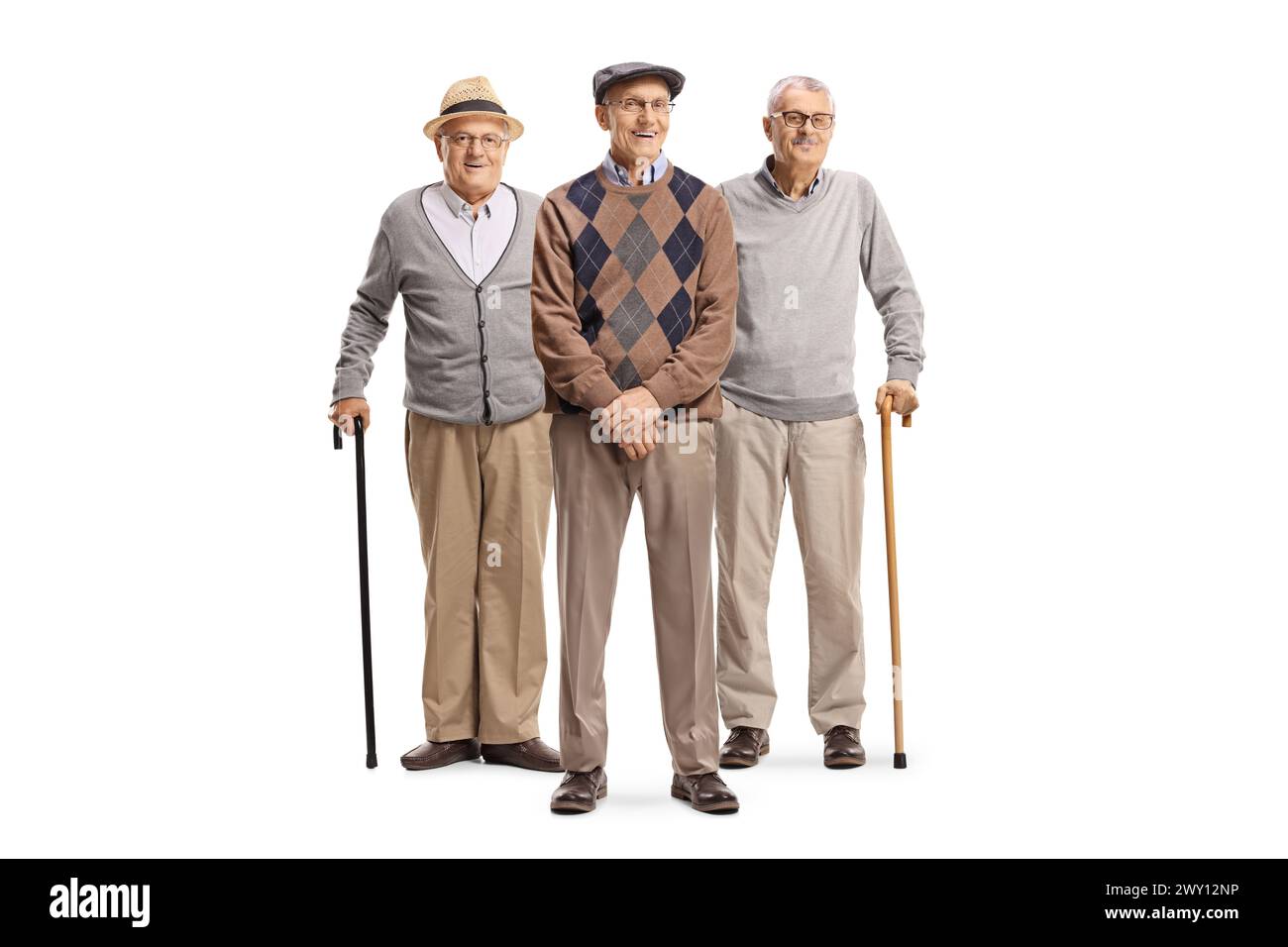 Full length portrait of three elderly man standing isolated on white ...