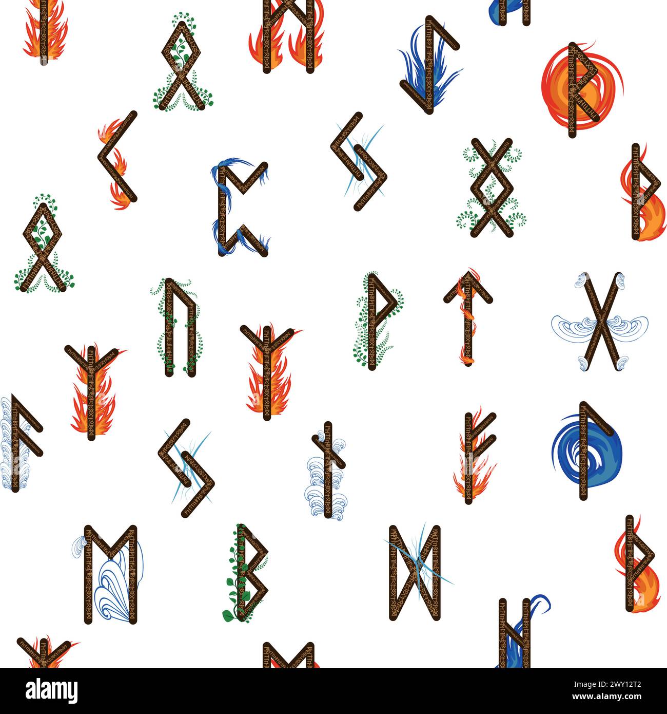 Hand drawn runic letters seamless pattern with elemental symbols. Magic ...