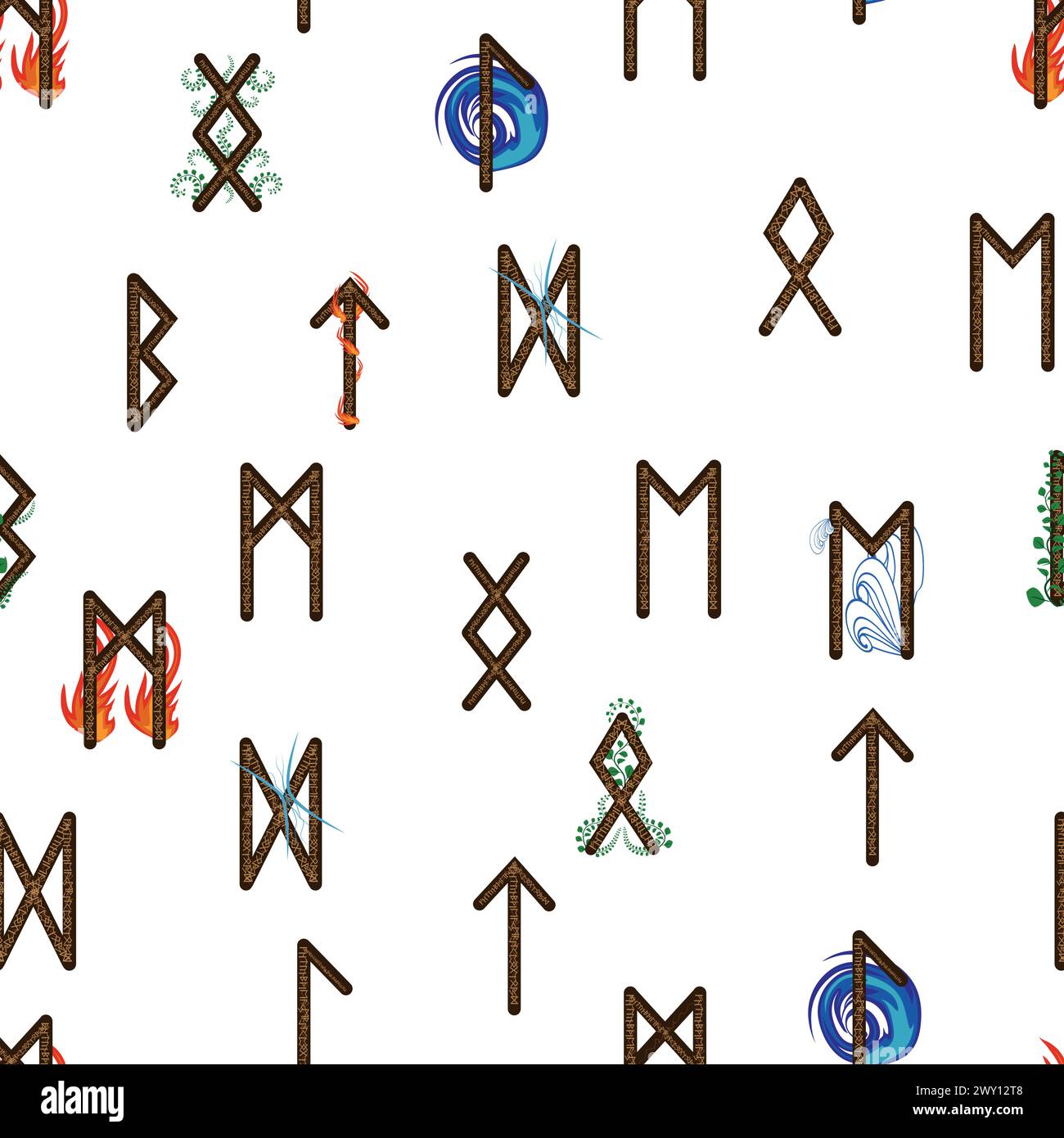 Hand drawn runic letters seamless pattern with elemental symbols. Magic ...