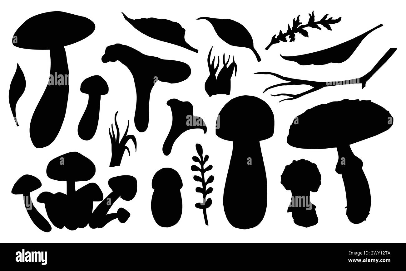 Mushrooms Silhouette vector set. Hand drawn illustration of fungus in ...