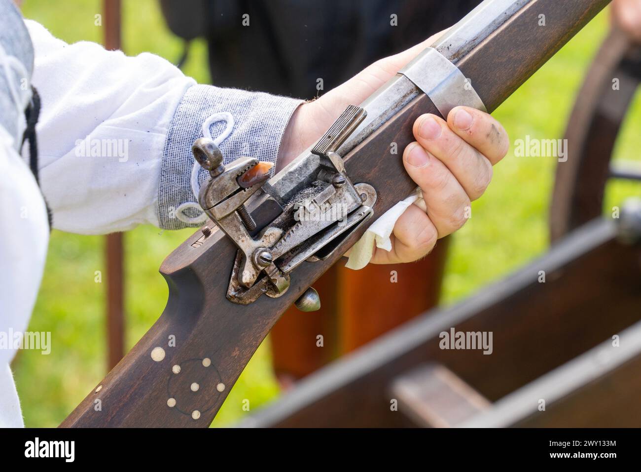 The flint firing mechanism of a medieval rifle in a man's hand Stock ...