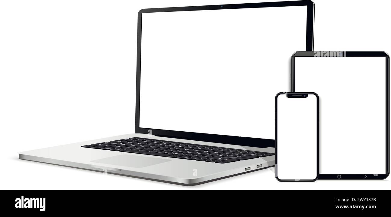 Laptop computer, tablet and mobile phone. Flat lay detailed and ...
