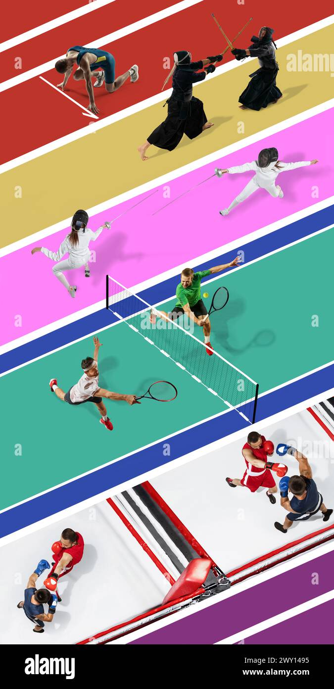 Creative colorful collage. Aerial view of different people, athletes of ...