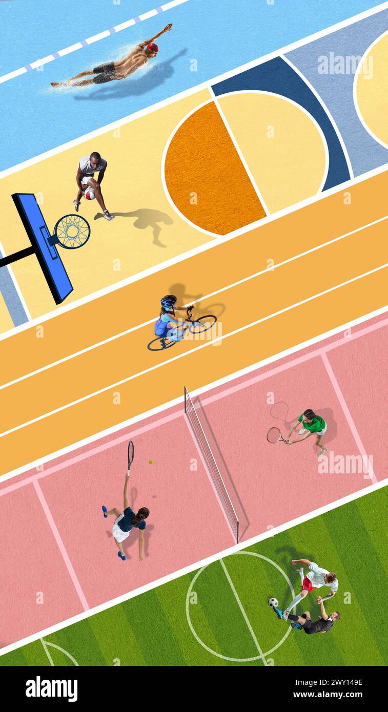 Creative colorful collage. Aerial view of different people of various ...