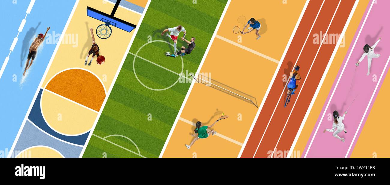 Creative colorful collage. Aerial view of different people of various ...