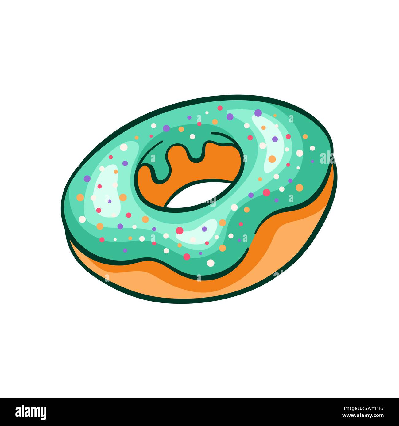 Donut with turquoise frosting and sprinkles in cartoon. Simple line ...