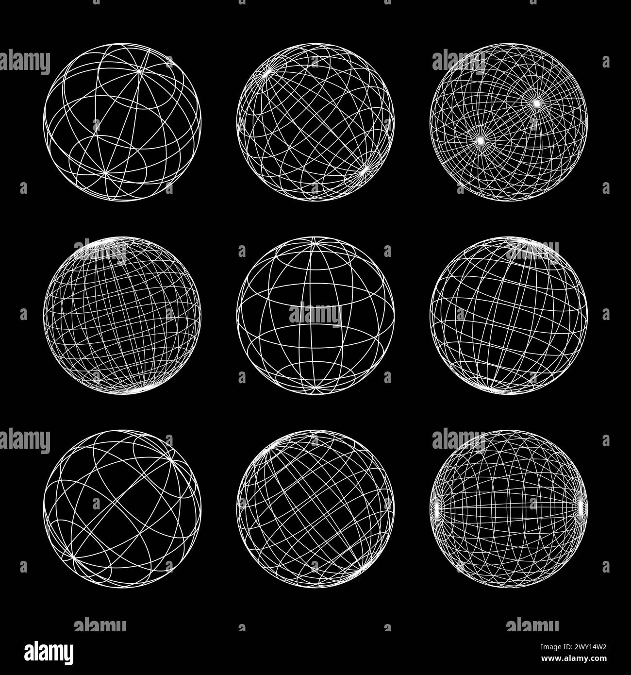 Wireframe shapes, lined sphere. Perspective mesh, 3d grid. Low poly ...
