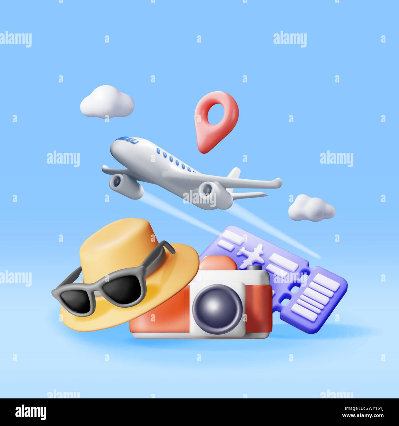3d Airline Ticket, Sunglasses Camera and Airplane Stock Vector Image ...
