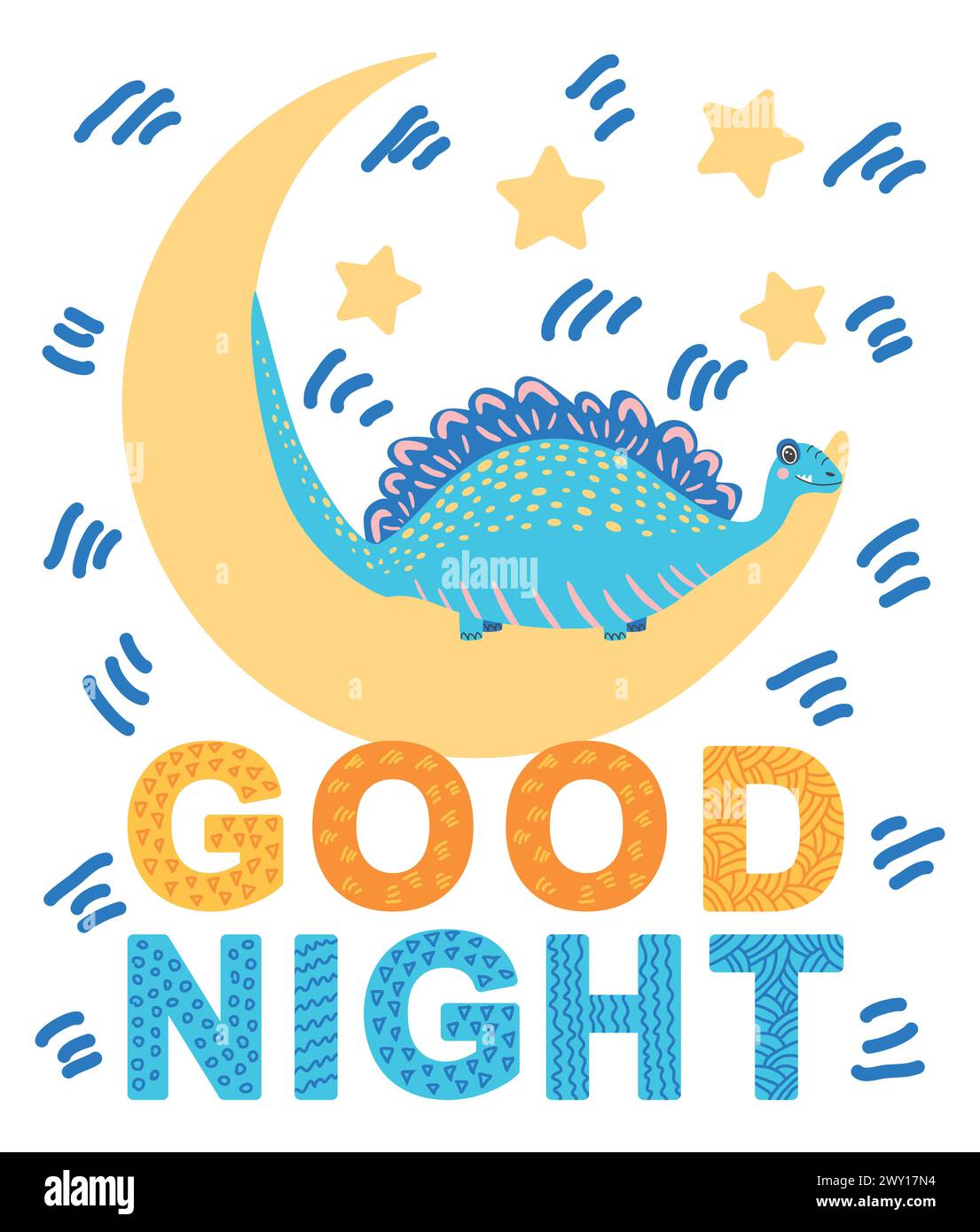 Good night. Scandinavian hand drawn illustration with dinosaur, dragon ...