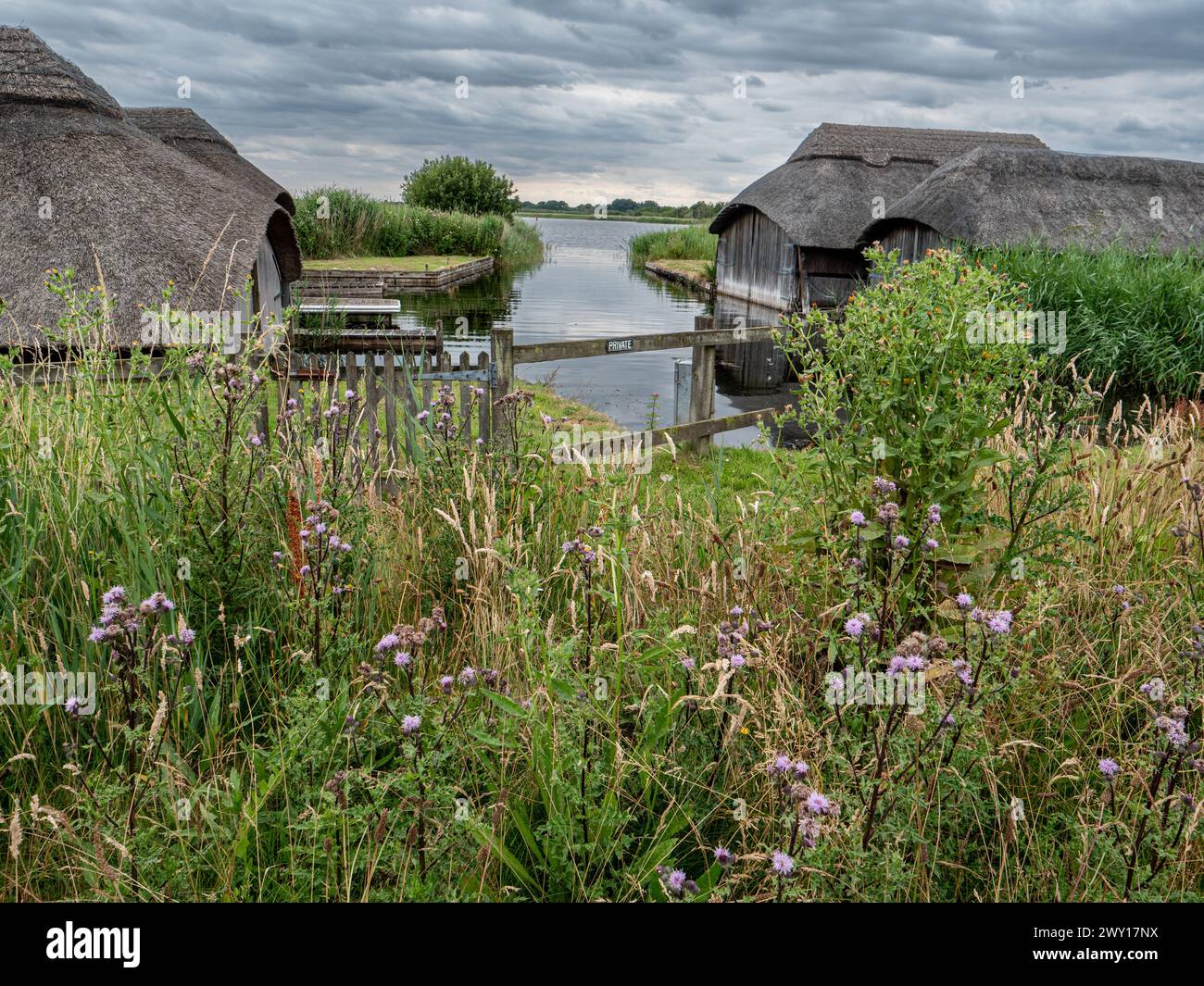 Thatched Boat houses at Hickling Broad, Norfolk Broads, Norfolk ...