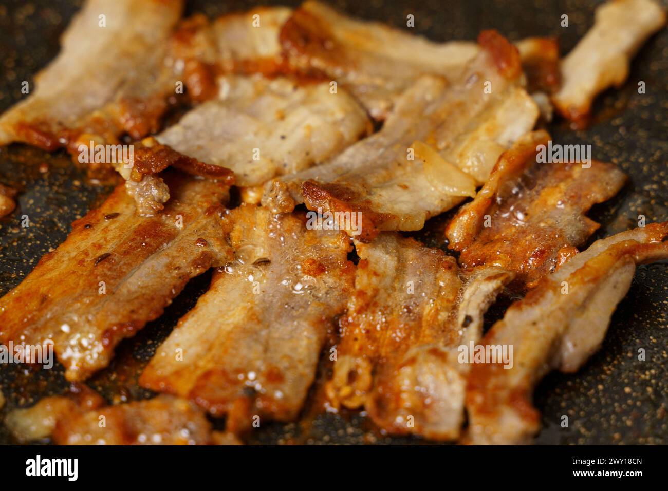 A detailed view of raw meat sizzling and searing on a hot cooking pan ...