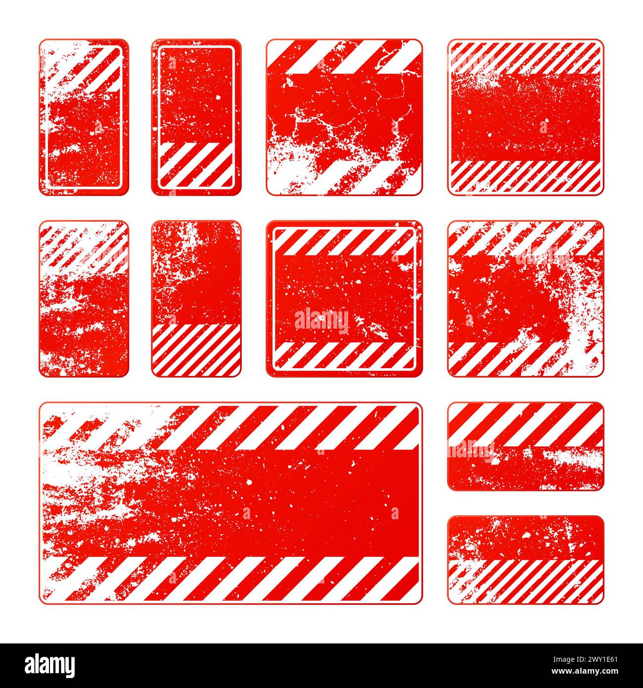 Red grunge warning signs with diagonal lines. Old attention, danger or ...