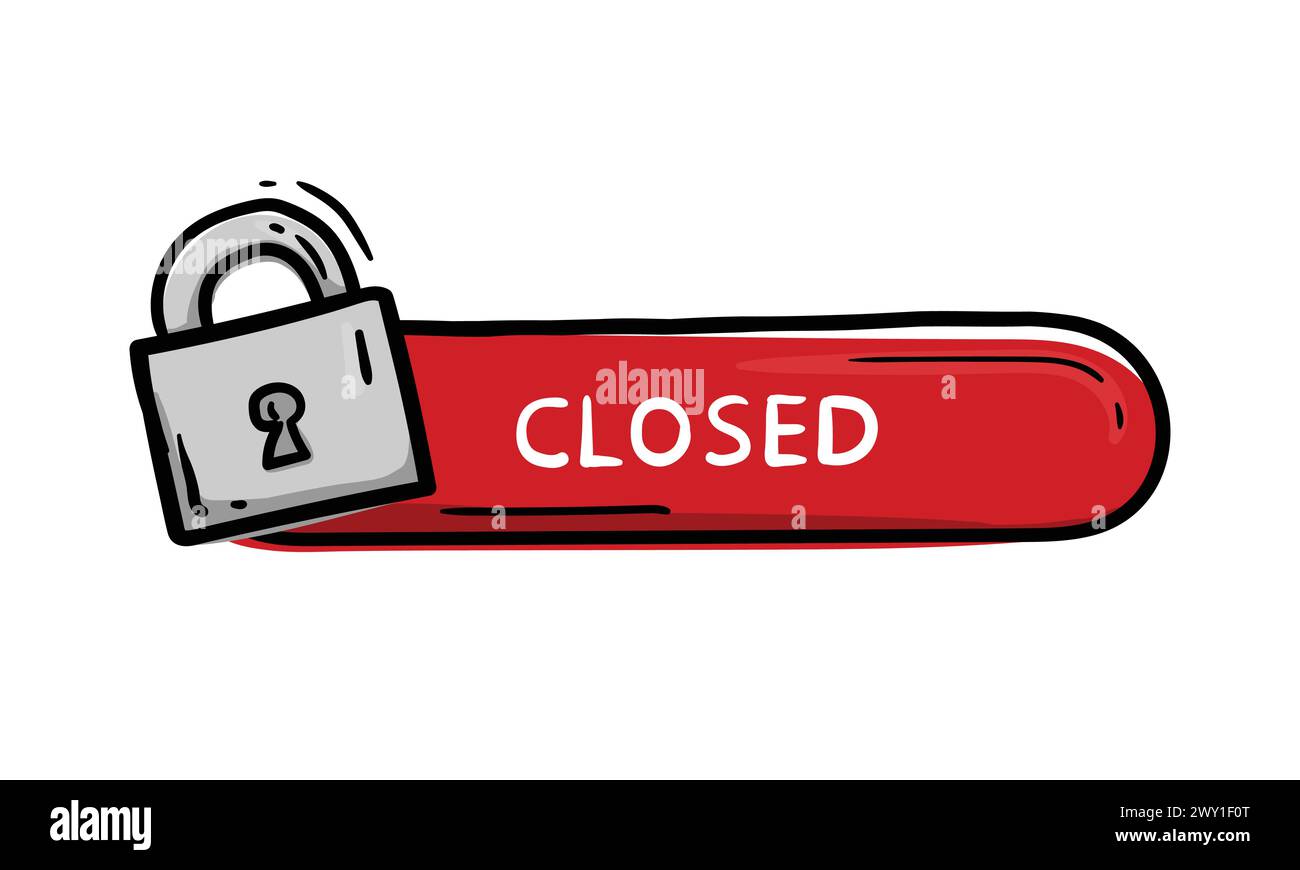 Red button with a padlock and text closed. Hand drawn design element ...