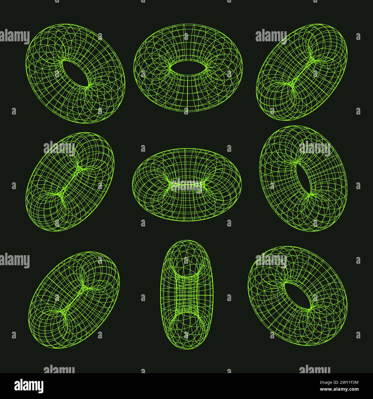 Wireframe shapes, lined torus. Perspective mesh, 3d grid. Low poly geometric elements. Retro ...