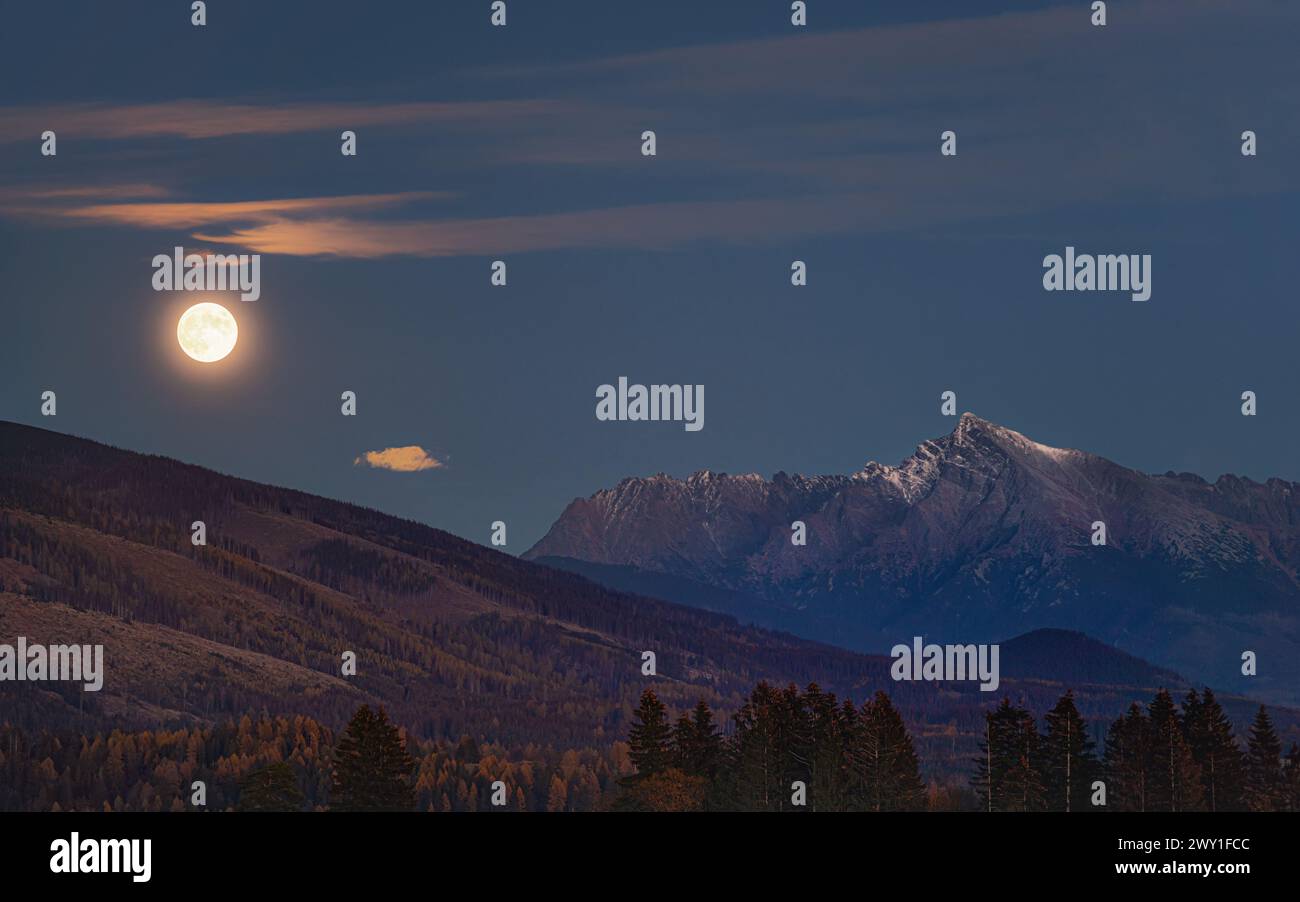 Full moon over mount Krivan peak - Slovak symbol - forest trees ...