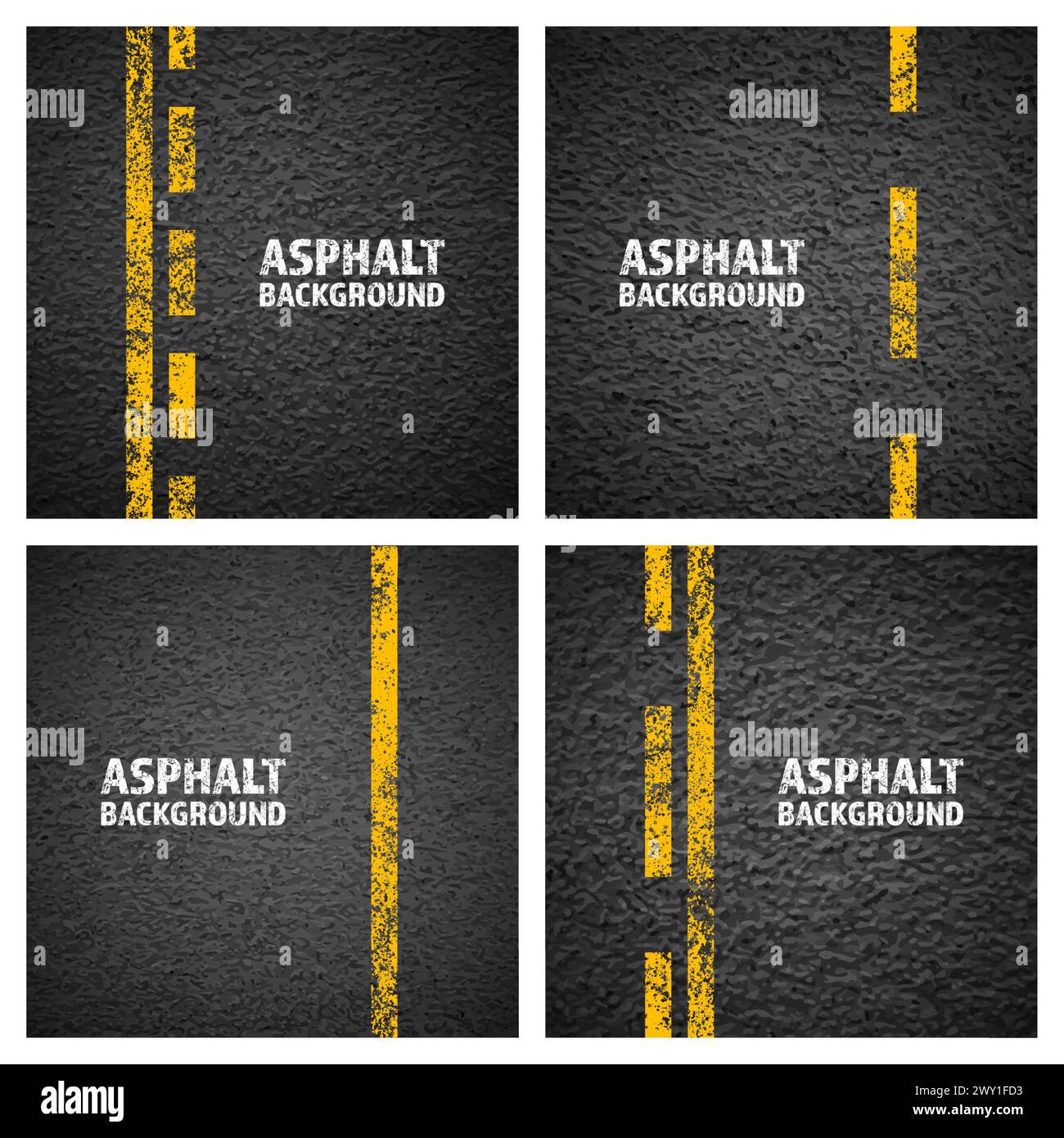 Asphalt road with yellow cracked lane marking, concrete highway surface ...