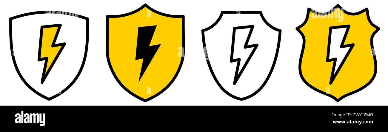 Flash icon inside shield, different versions. Protection from power ...
