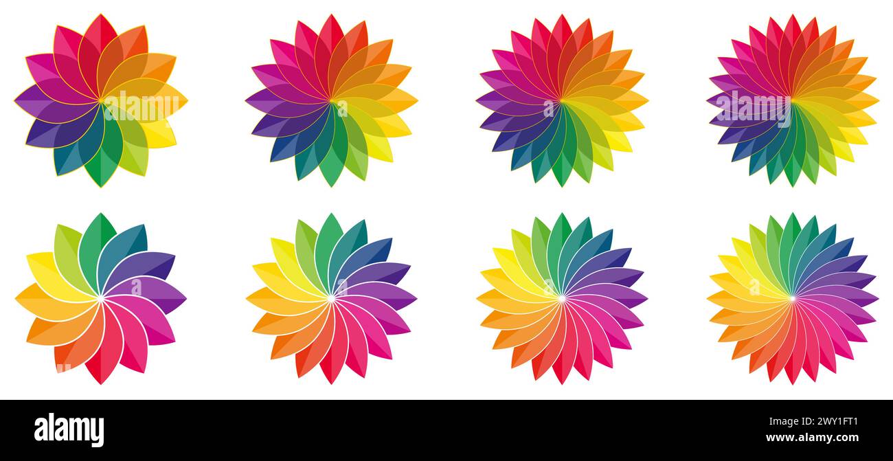 Colour palette wheel shaped like flower, petals with golden rim ...