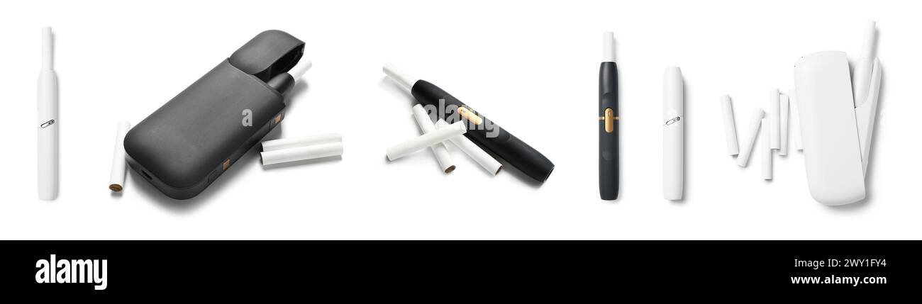 Group of modern electronic cigarette devices with sticks on white ...