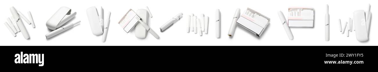 Collage of modern electronic cigarette devices with sticks on white ...