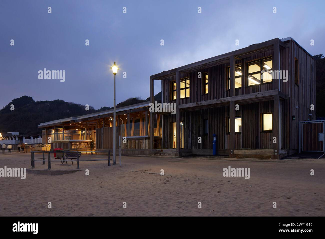 Exterior view from beach at dusk. Durley Chine Environmental Hub ...