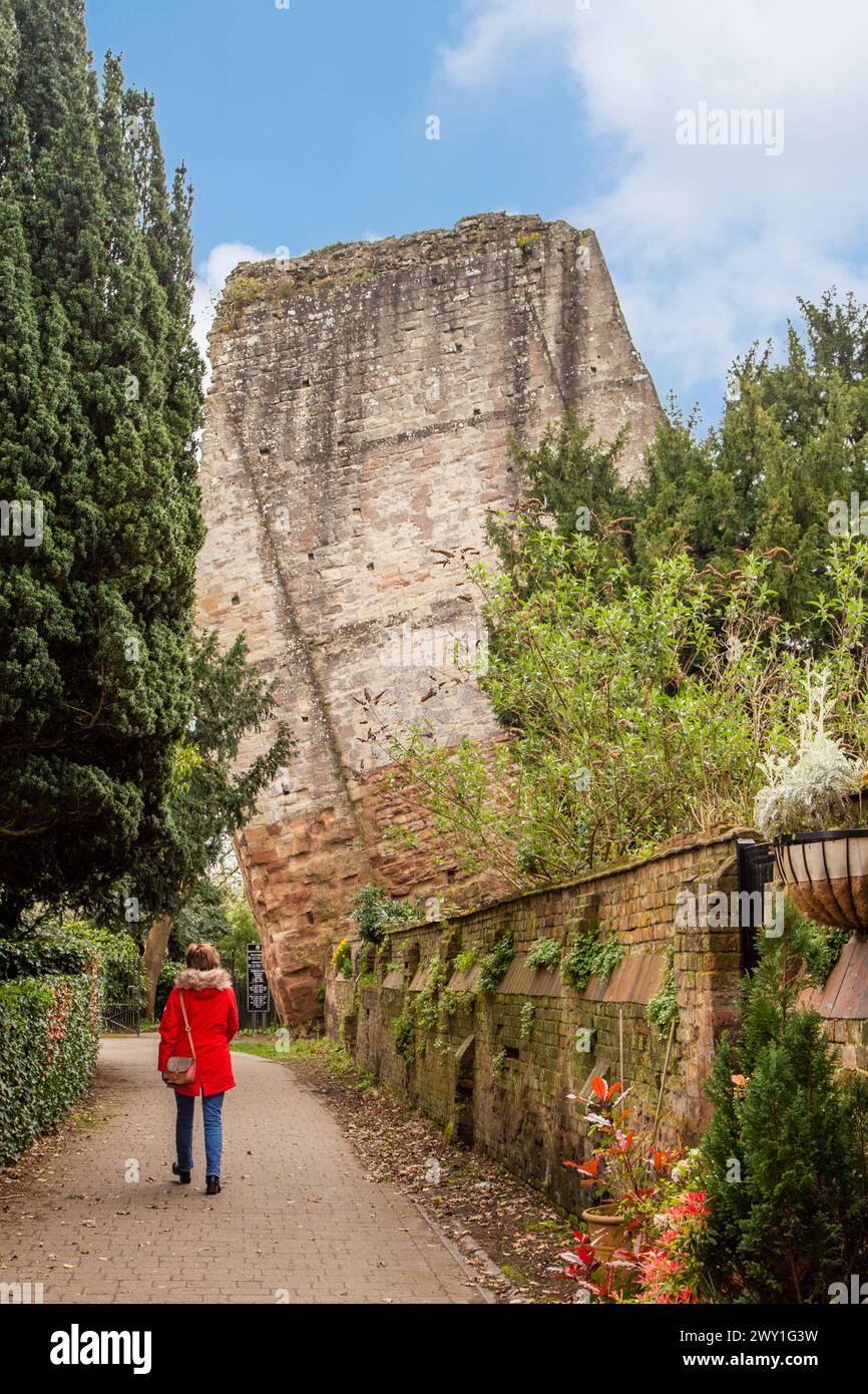 Woman walking towards the ruins remains of Bridgnorth Castle in the ...