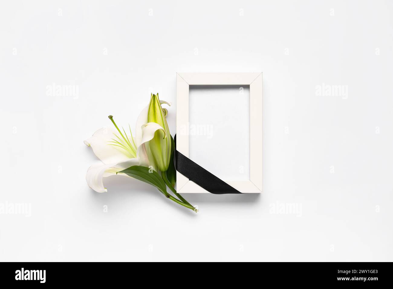 Beautiful lily flowers with blank funeral frame on white background ...