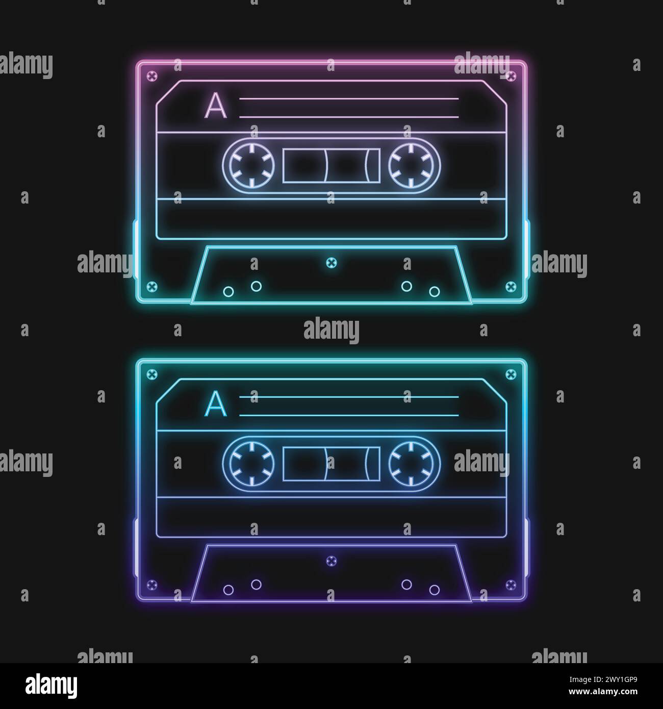 Neon retro audio blue cassette tape, a vector illustration set ...