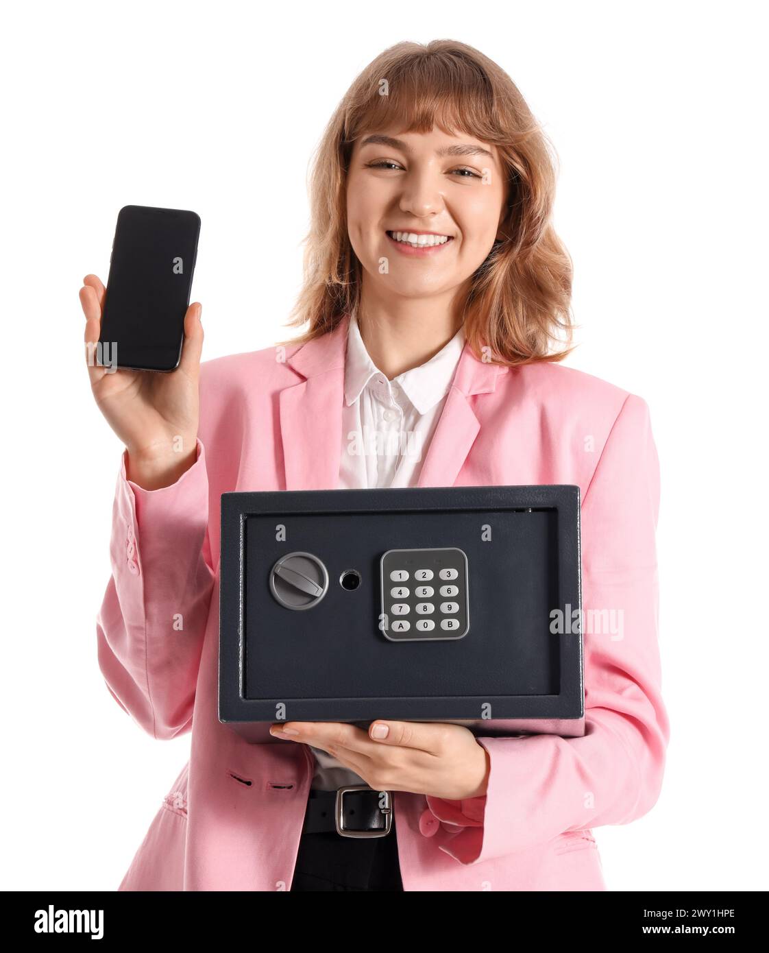 Beautiful young happy woman with safe box and mobile phone isolated on ...
