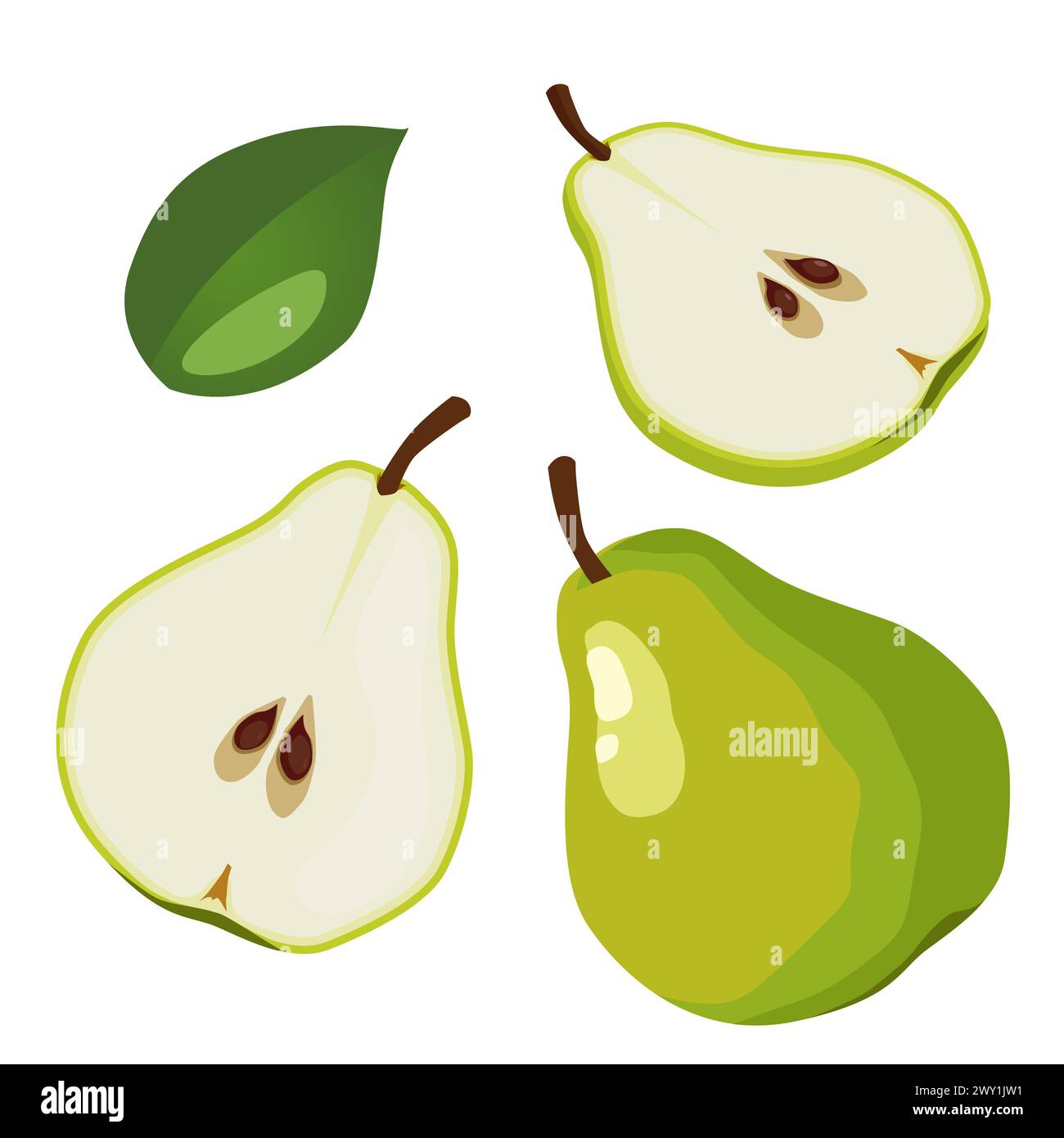 Set of juicy and healthy green pear and slices isolated on white ...