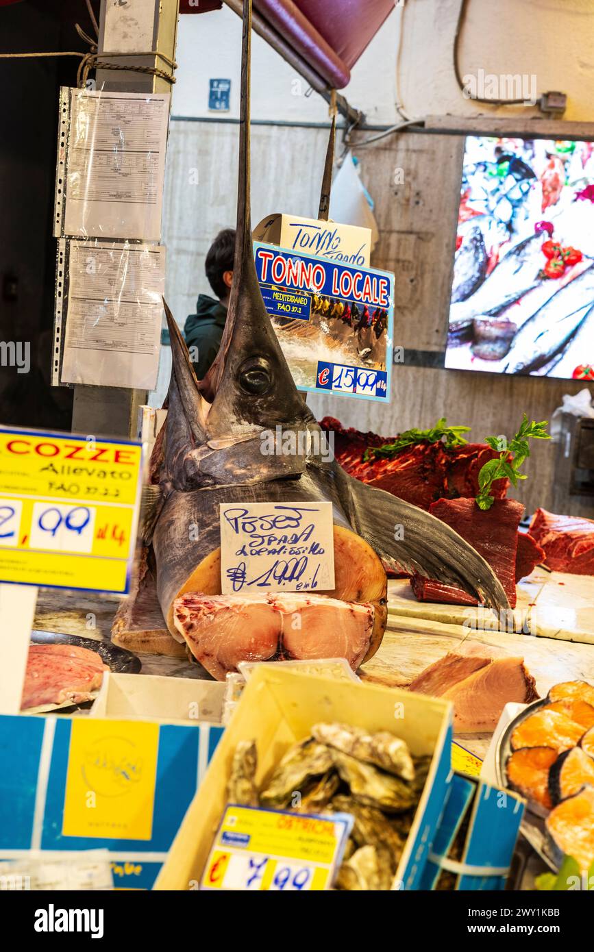 Palermo, Italy - May 13, 2023: Swordfish at a fish and seafood shop in ...