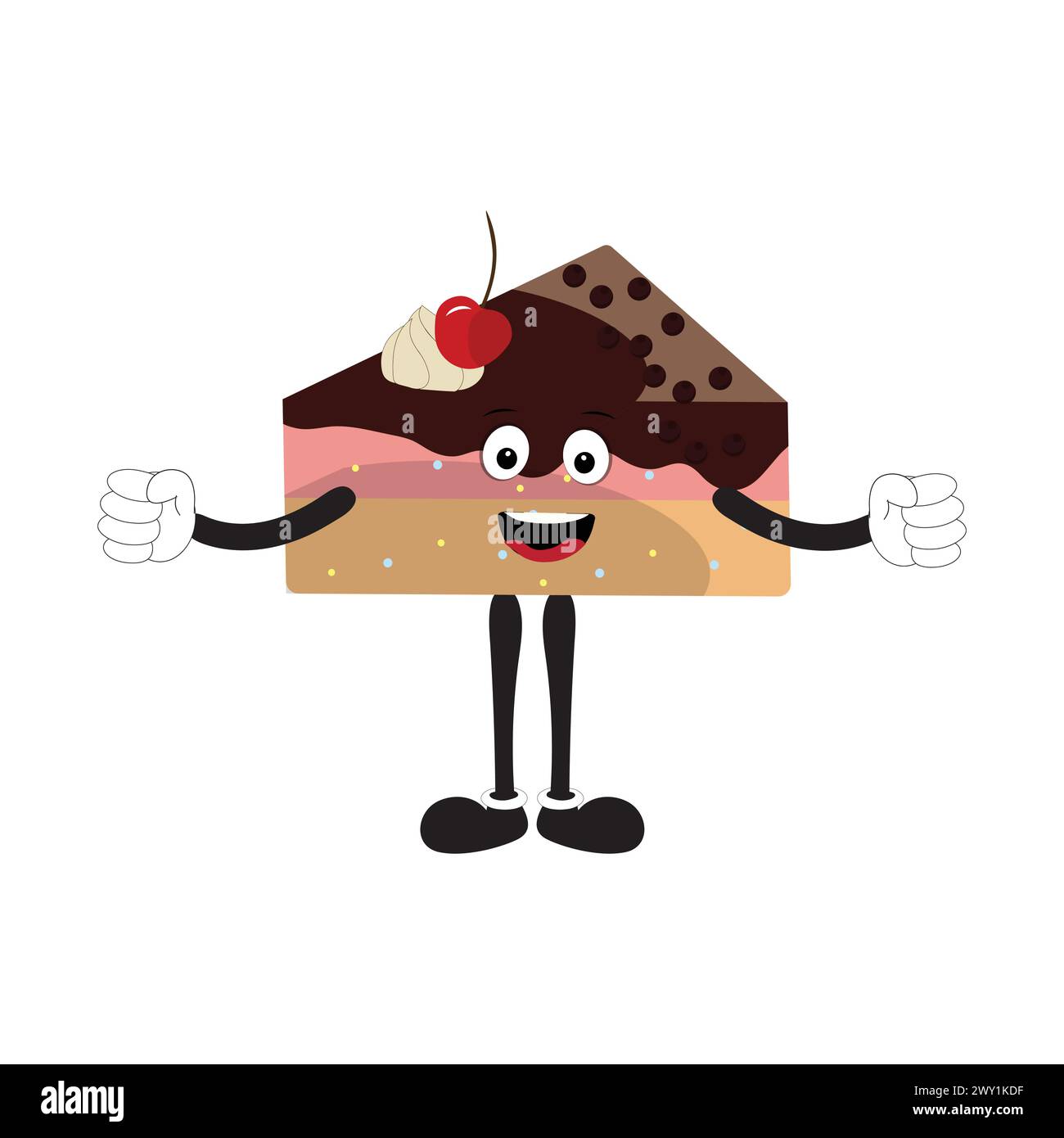Groovy cake sliced cartoon mascot character with smile. Funny retro ...