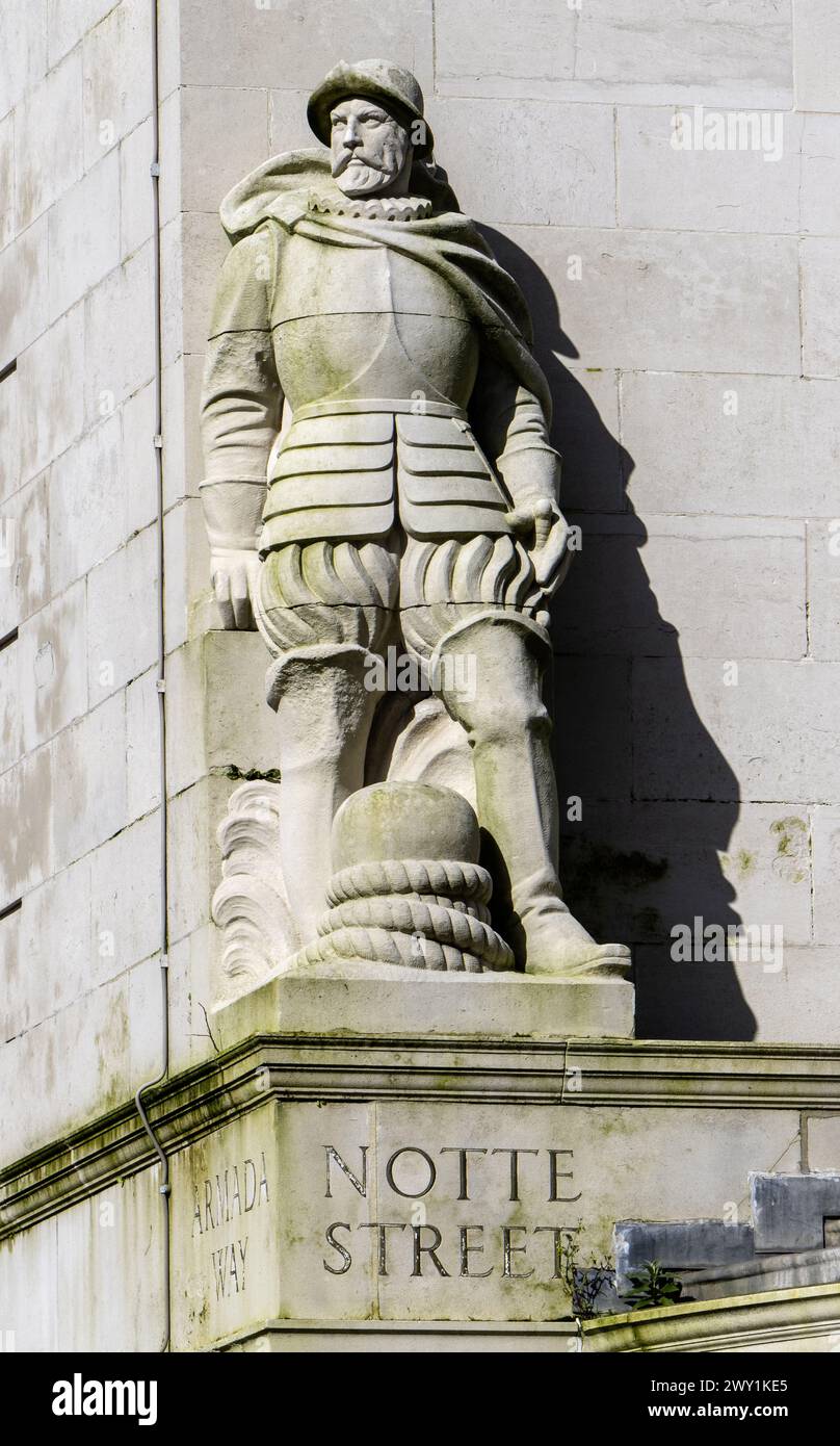 Statue of Sir Francis Drake on a building at the corner of Notte Street ...