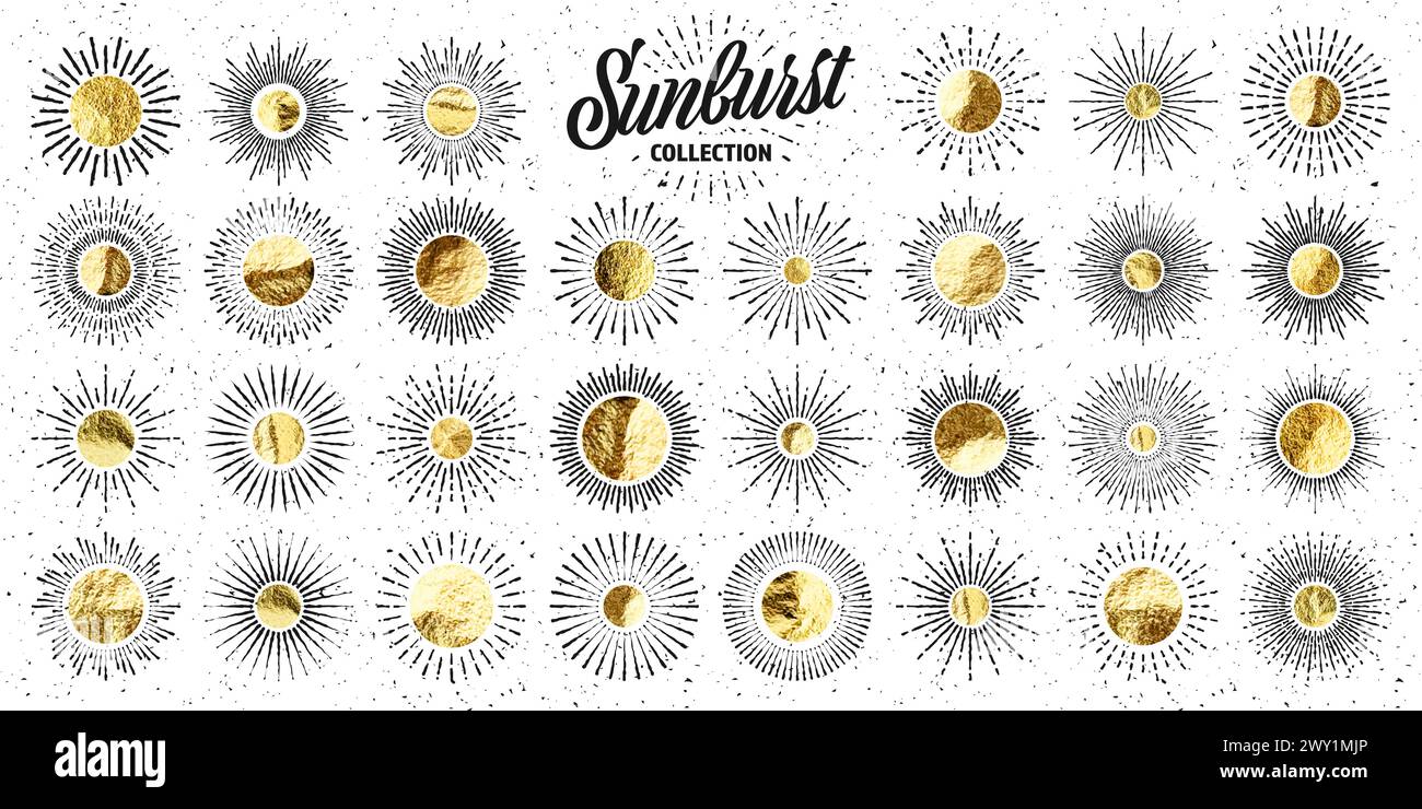 Vintage grunge sunburst sunset beams. Gold foil, shiny handmade circles ...