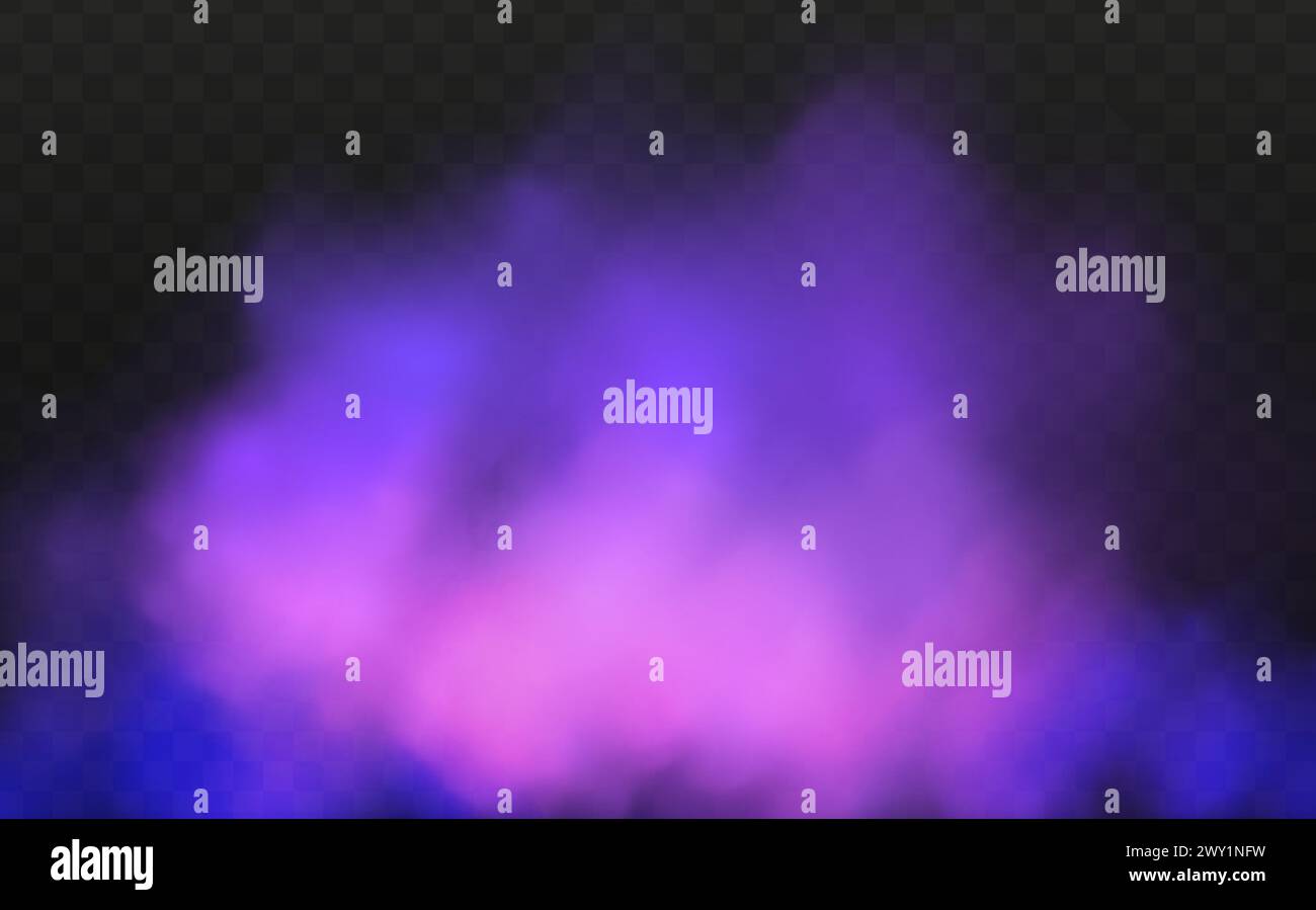 Realistic neon magic mist steam on a transparent dark background.Scary mystical violet fog in ...
