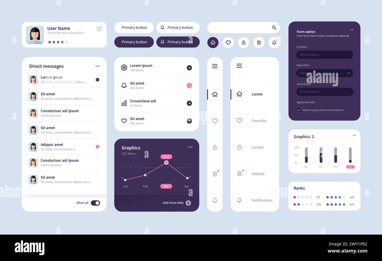 Big and improved ui kit for web designing, mobile apps with the different buttons, charts ...