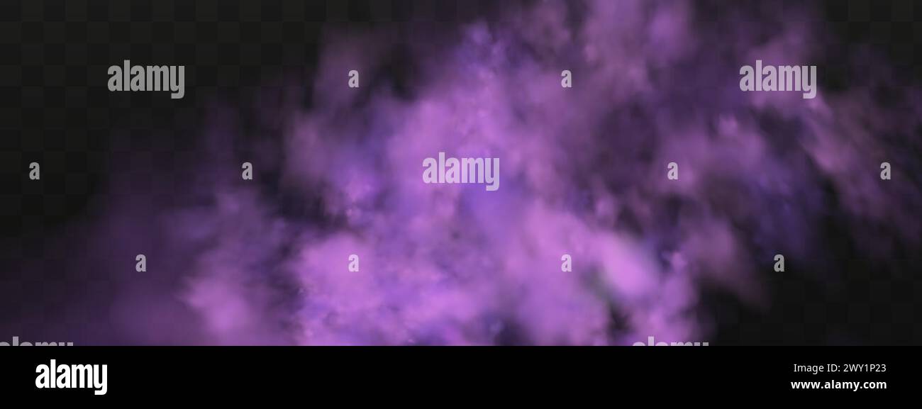 Realistic neon magic mist steam on a transparent dark background.Scary ...