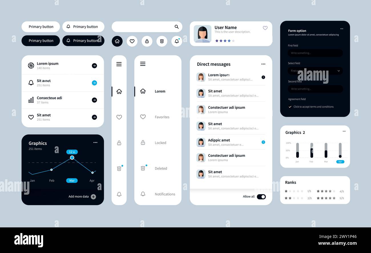 Big and improved ui kit for web designing, mobile apps with the different buttons, charts ...